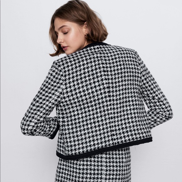 Zara | Jackets & Coats | Zara Houndstooth Tweed Jacket Blazer Wgold ...
